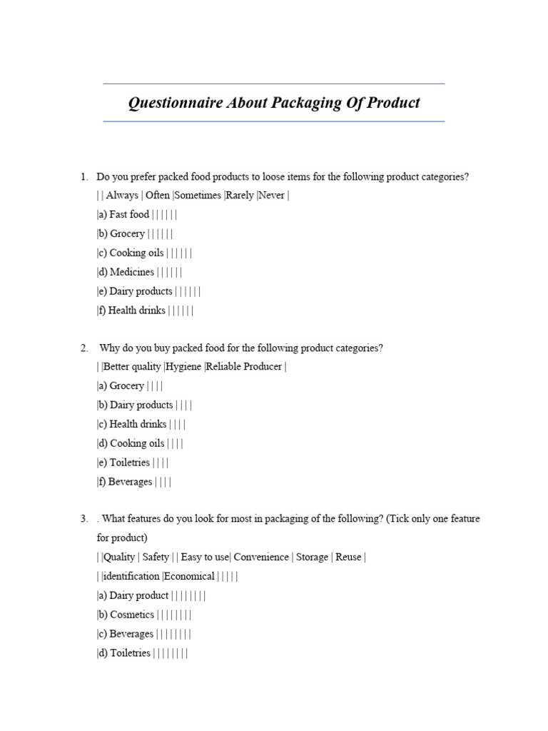 Questionnaire About Packaging of Product | PDF | Grocery Store | Brand