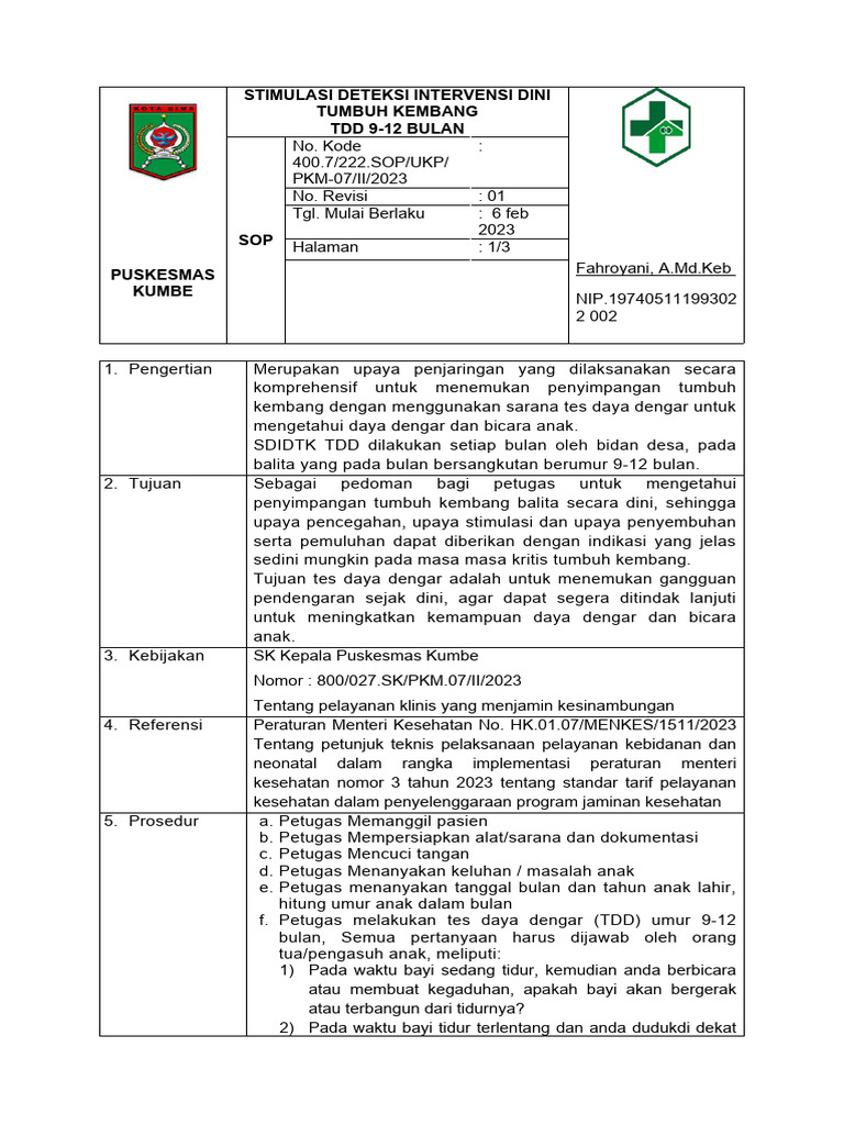 SOP SDIDTK TDD 9-12 Bulan | PDF