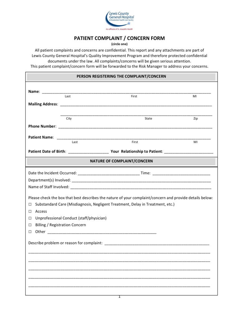 Formal Patient Complaint Form Example | PDF | Patient | Medical Error