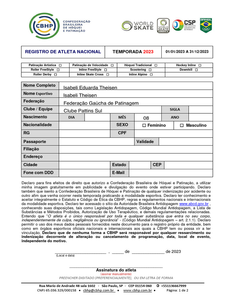 CBHP 2023 Ficha de ATLETA Nacional Form | PDF | Esportes e Recreação