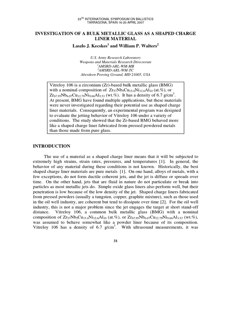 Metallic Glass in Shaped Charge | PDF