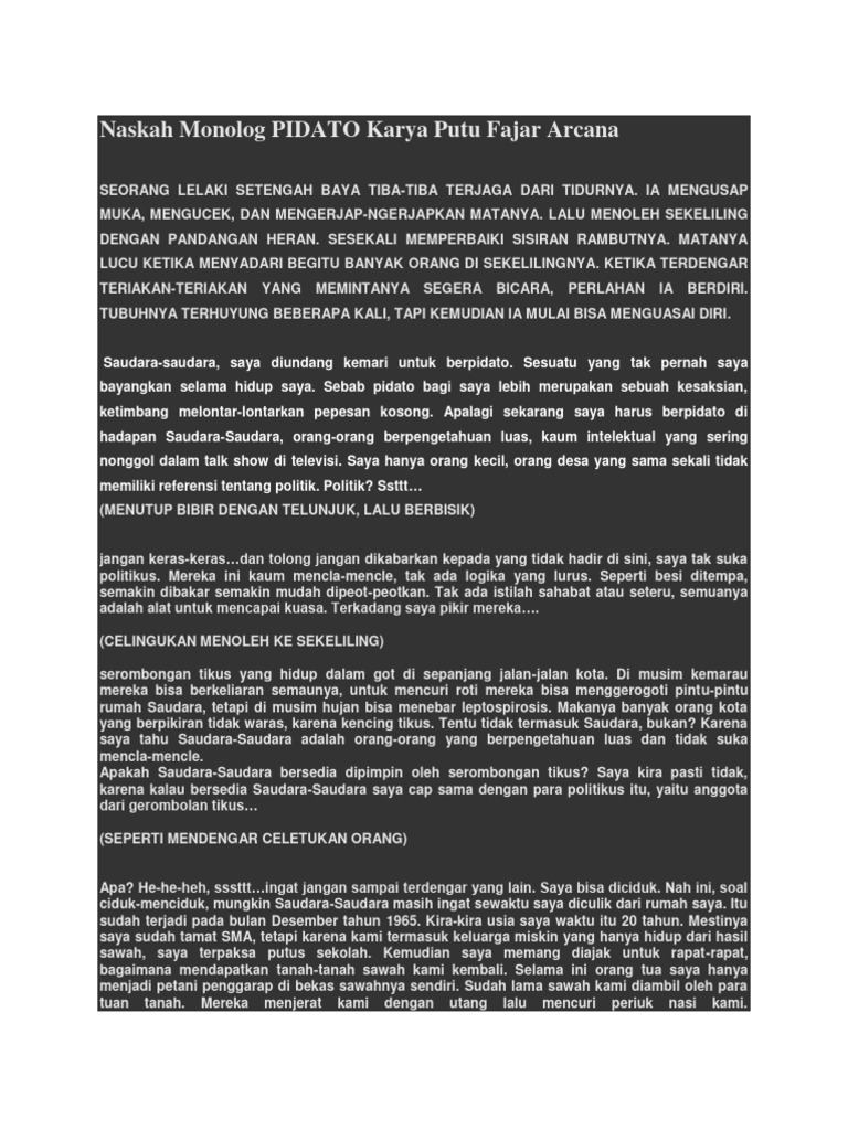 Naskah Monolog PIDATO Karya Putu Fajar Arcana | PDF