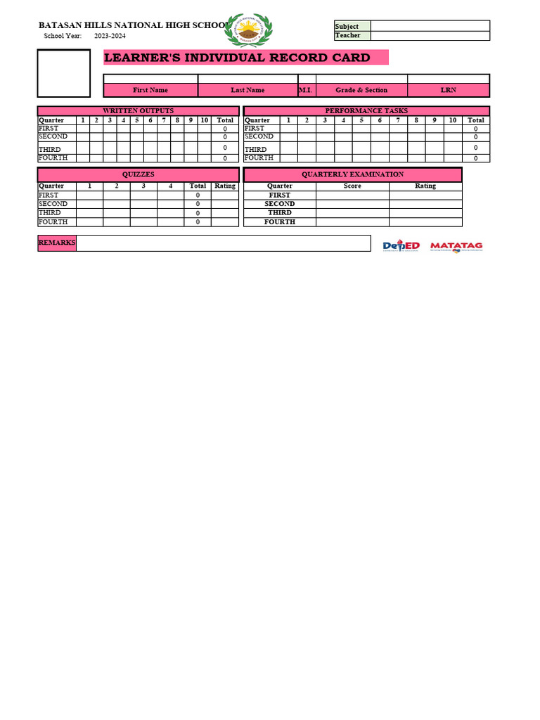 Learners Individual Record Card Sy2023 2024 | PDF | Learning | Cognition