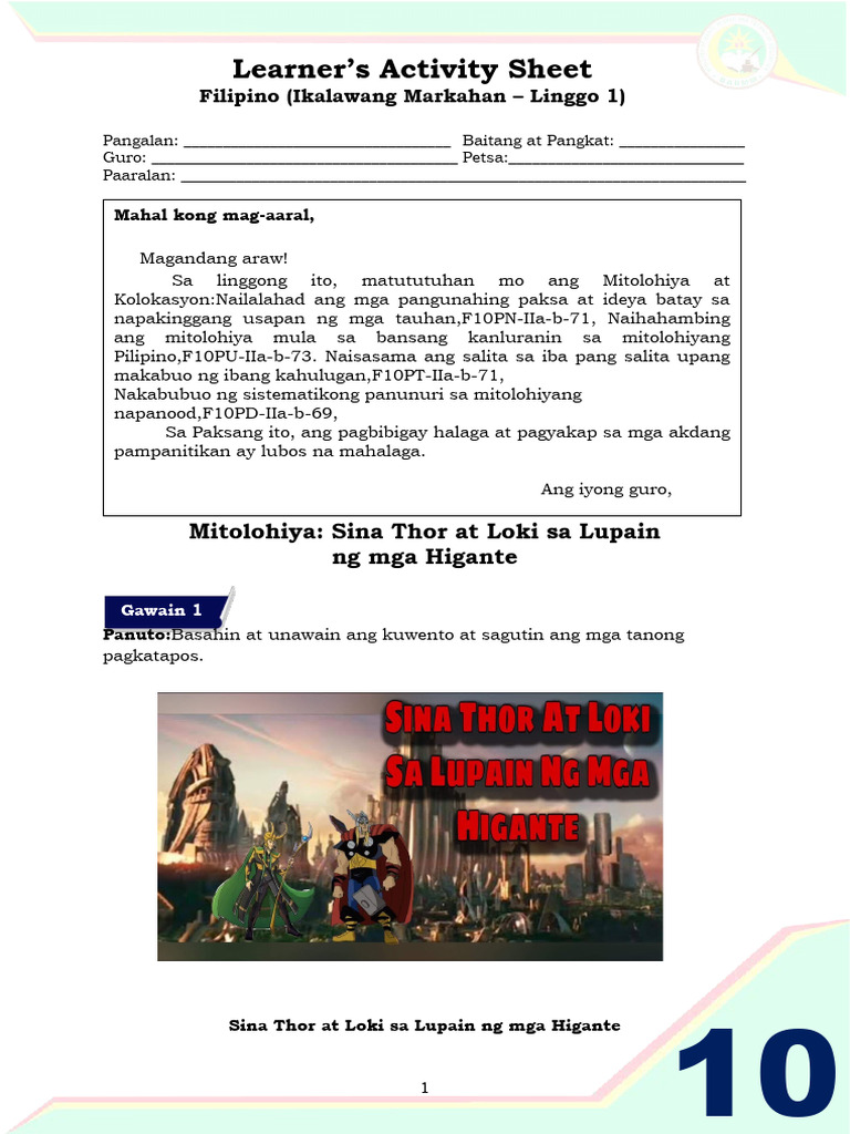 Learner's Activity Sheet: Filipino (Ikalawang Markahan - Linggo 1) | PDF