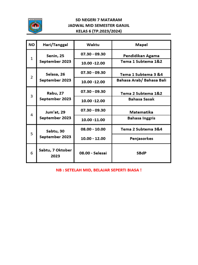 Jadwal Mid Semester Ganjil 2023-2024... | PDF