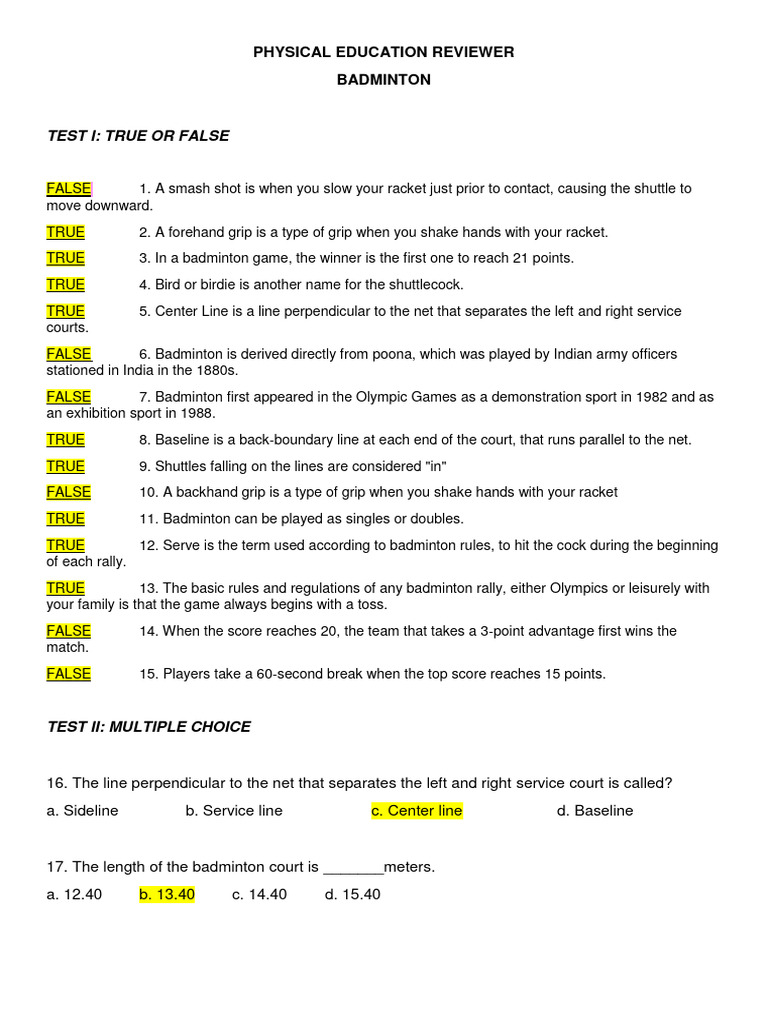 Physical Education Reviewer (Badminton) | PDF | Games Of Physical Skill ...