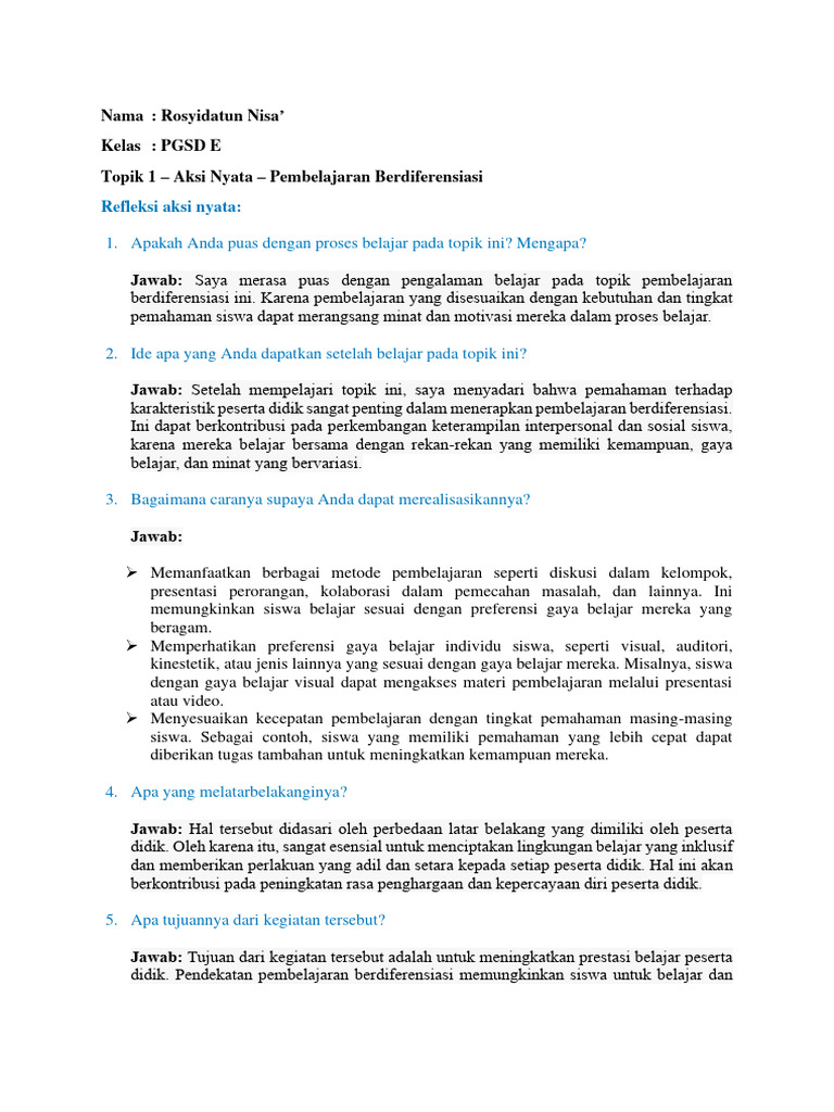 Topik 1 - Aksi Nyata - Pembelajaran Berdiferensiasi | PDF Topik 1 - Aksi Nyata - Pembelajaran Berdiferensiasi | PDF