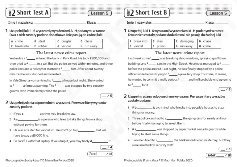 Brainy_kl7_Short_Tests_Unit_2_Lesson_5 | PDF | Criminal Justice | Crime ...