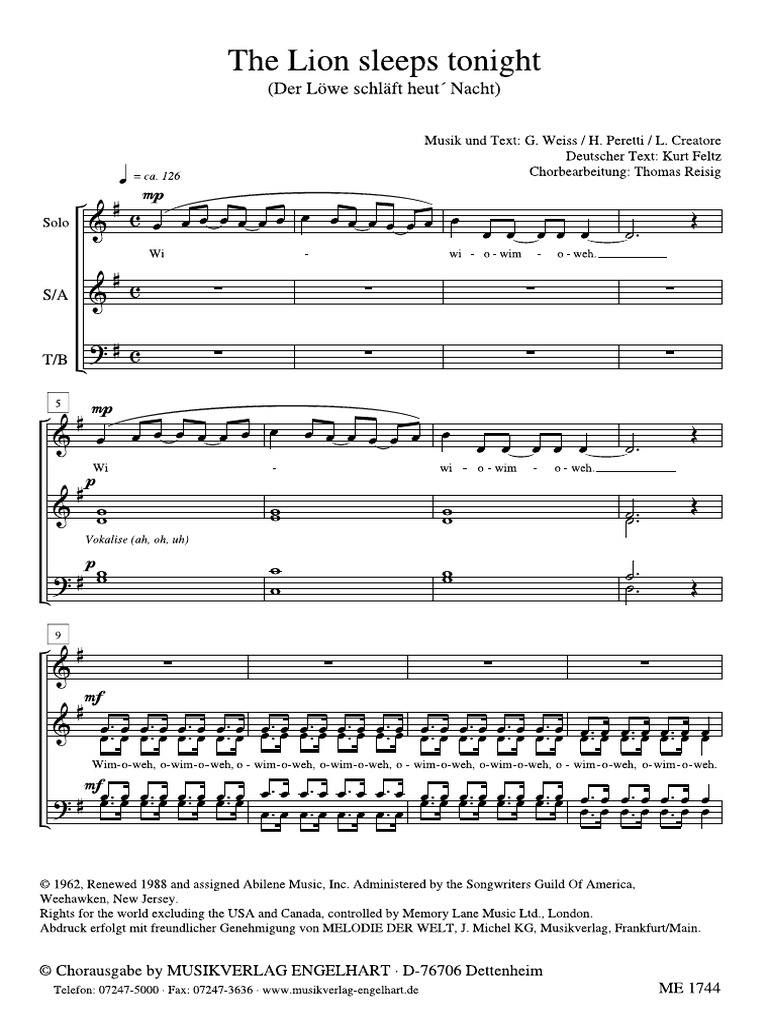 The Lion Sleeps Tonight (Arr. Thomas Reisig) | PDF