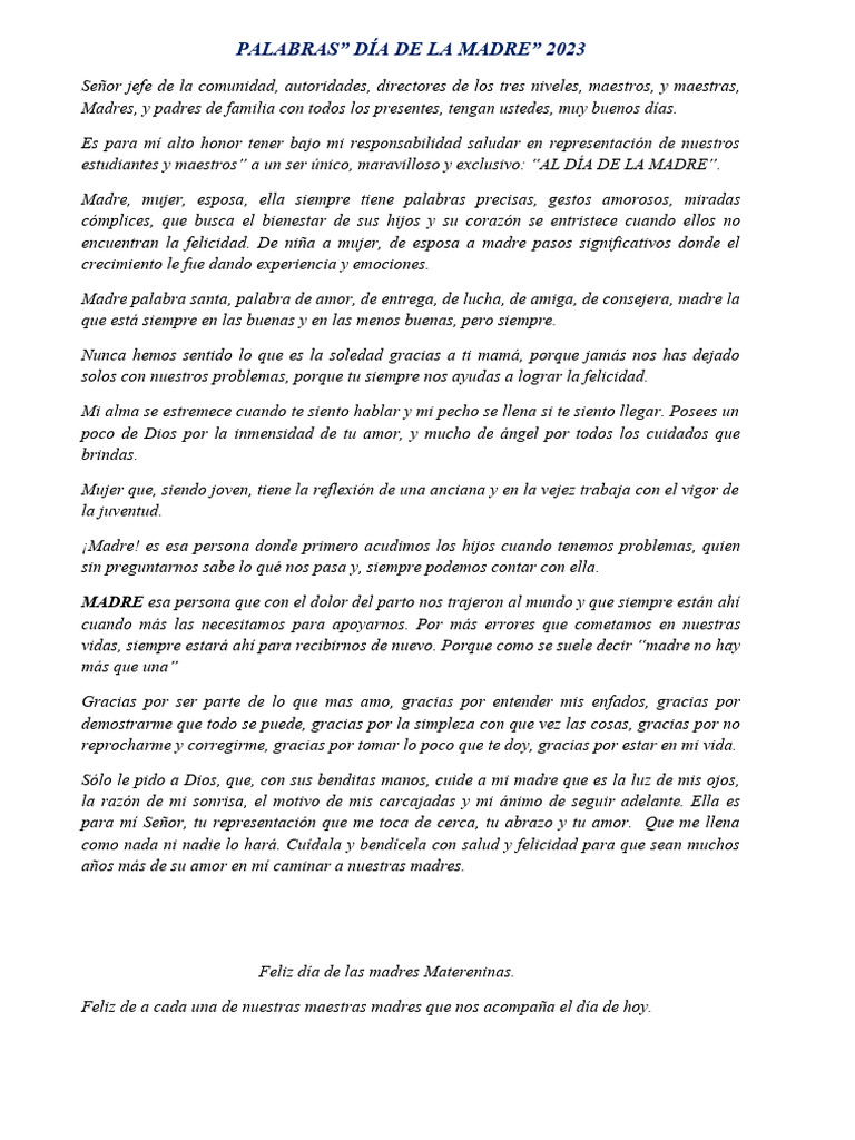 Discurso Dia de La Madre | PDF | Amor | Felicidad