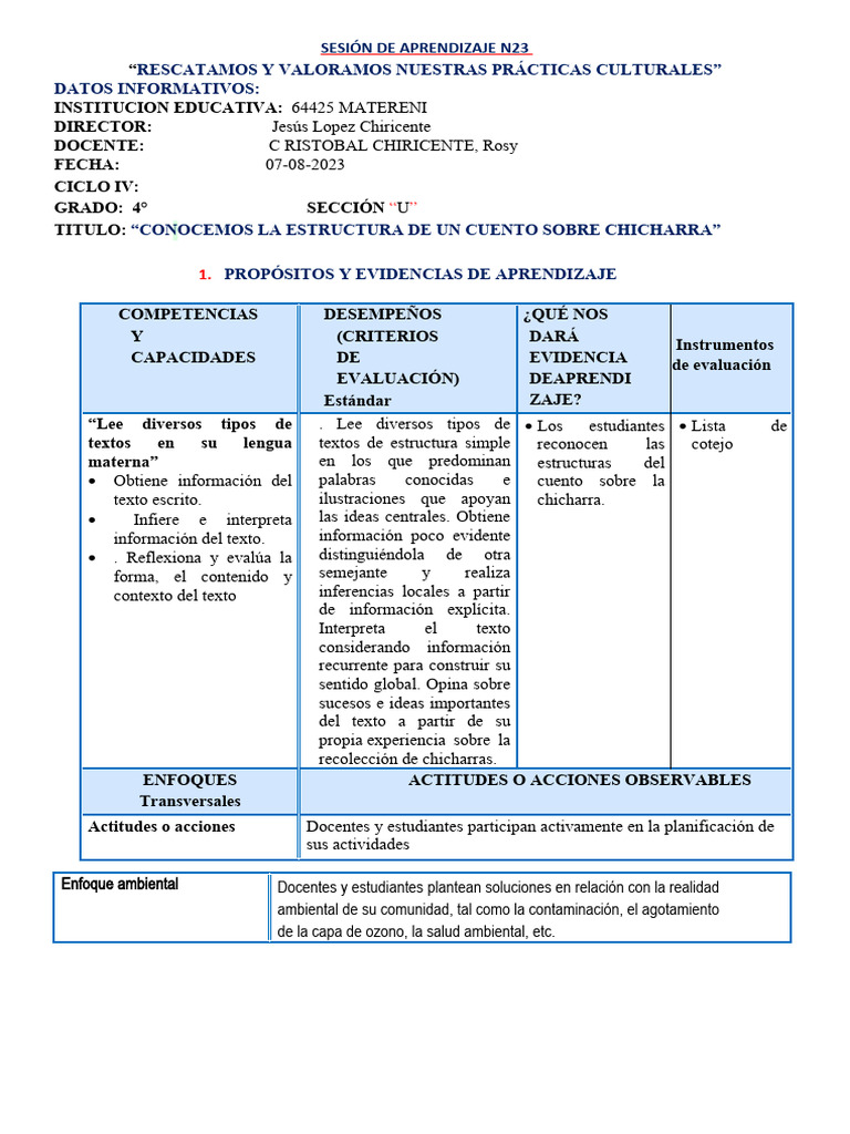 SESIÓN DE APRENDIZAJE N23 Rosy Comuni Agosto 07-08-2023 | PDF ... SESIÓN DE APRENDIZAJE N23 Rosy Comuni Agosto 07-08-2023 | PDF ...