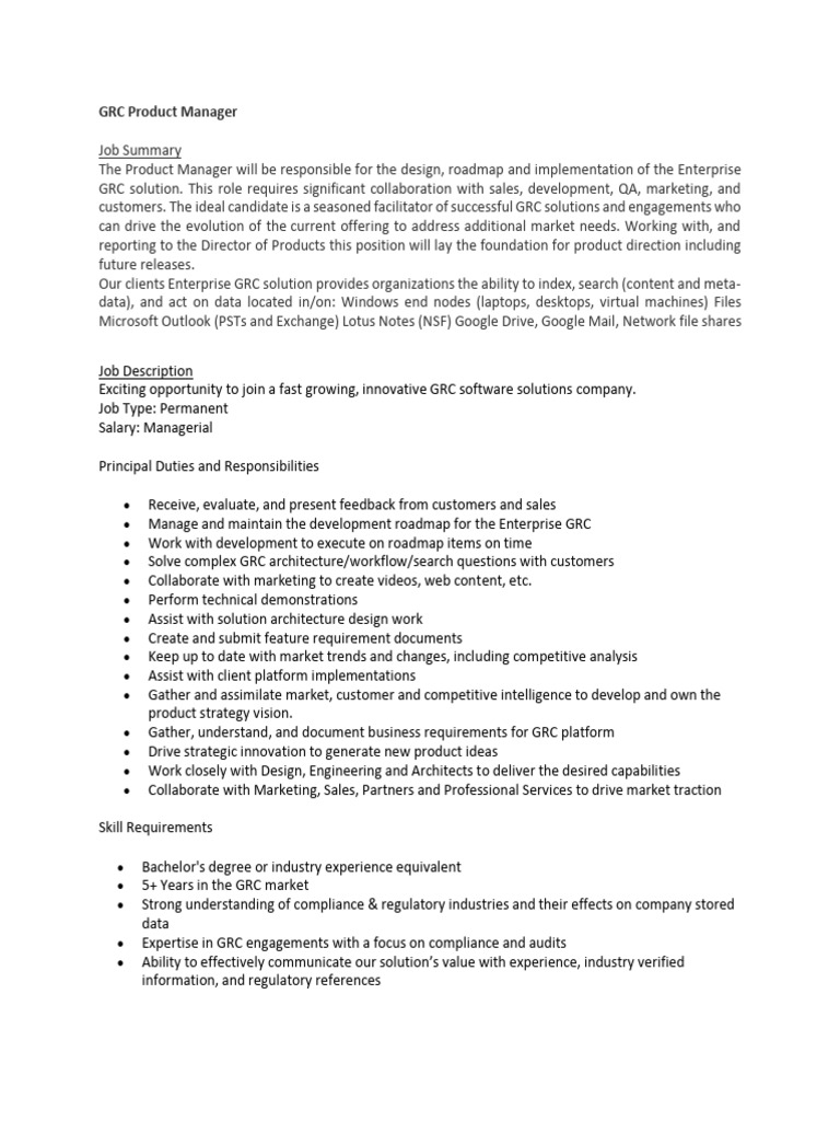 GRC Product Manager | PDF | Microsoft Outlook | Computer Science
