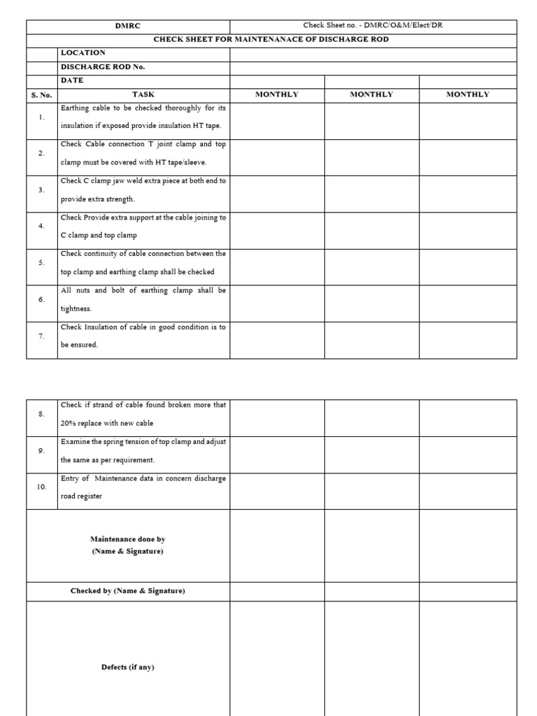 Check Sheet For Maintenanace of Discharge Rod | PDF | Insulator ...
