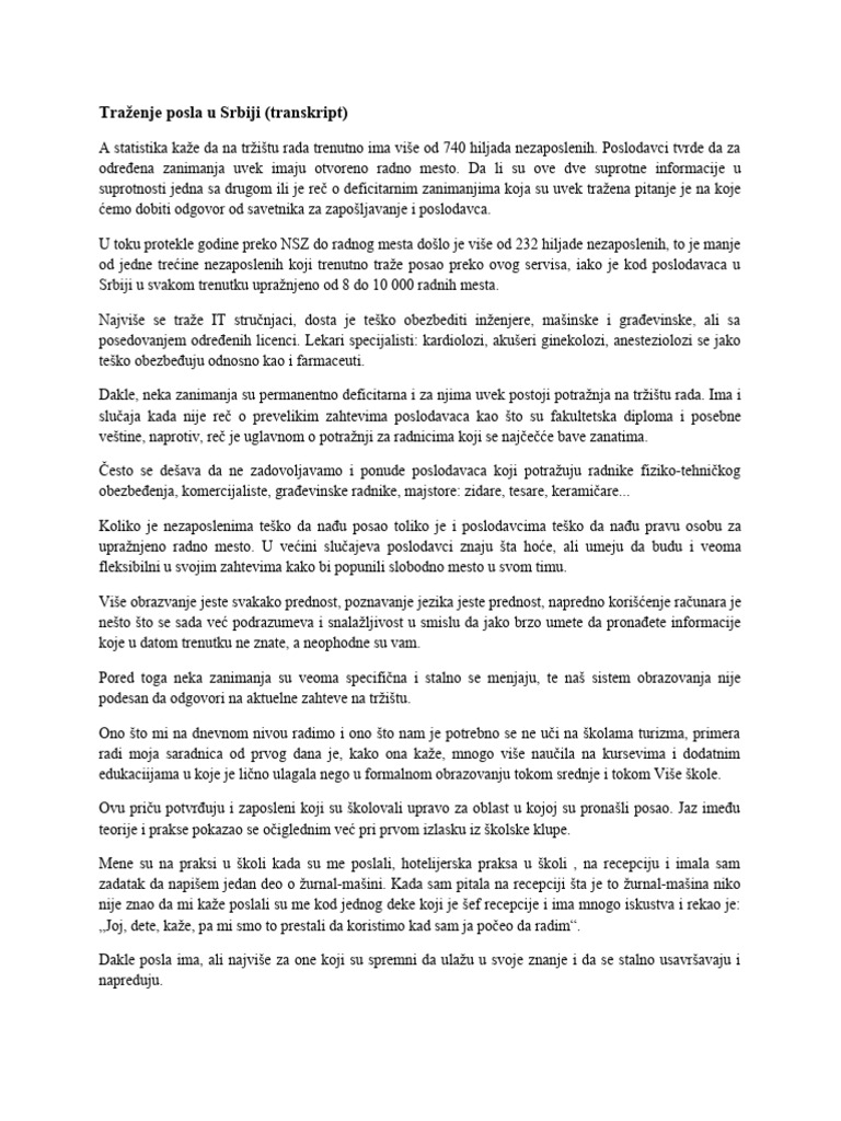 Traženje Posla U Srbiji, Transkript | PDF