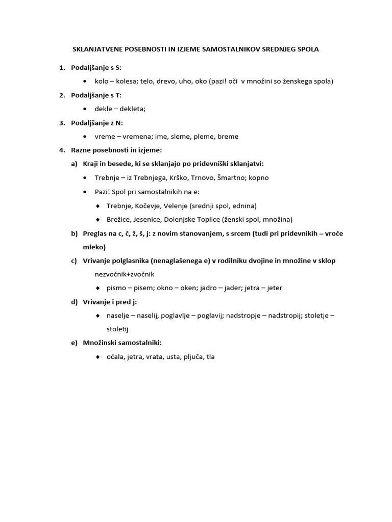 01 - Sklanjatvene Posebnosti in Izjeme Samostalnikov Srednjeg Spola | PDF