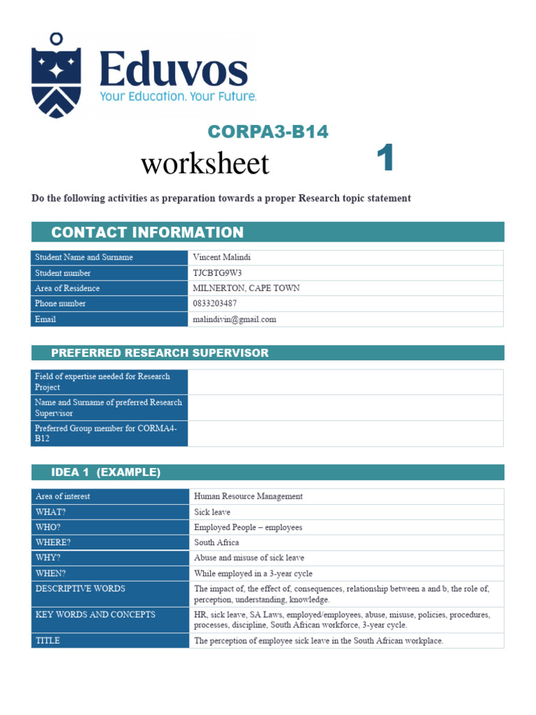 CORPA3-B14 Worksheet 1 - Research Topic Statement Final (Vincent) | PDF | Rape | Employment