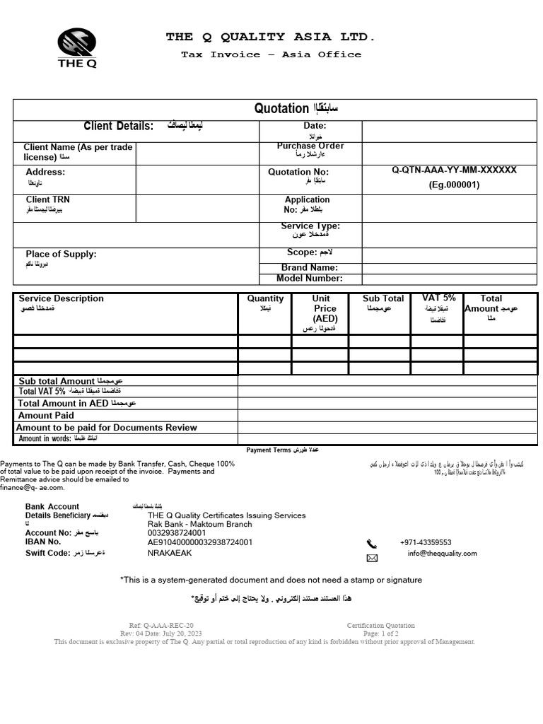 Q-AAA - REC-20 REV04 Certification Quotation | PDF | Invoice | Payments
