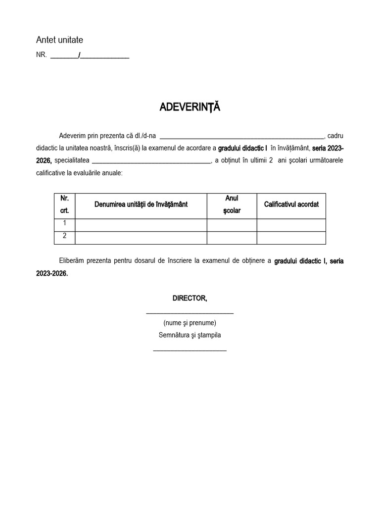 Anexa 4 Model Adeverinta Calificative Gradul I | PDF