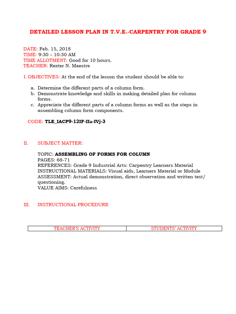 Grade 9 Carpentry Lesson Plan: Column Forms | PDF