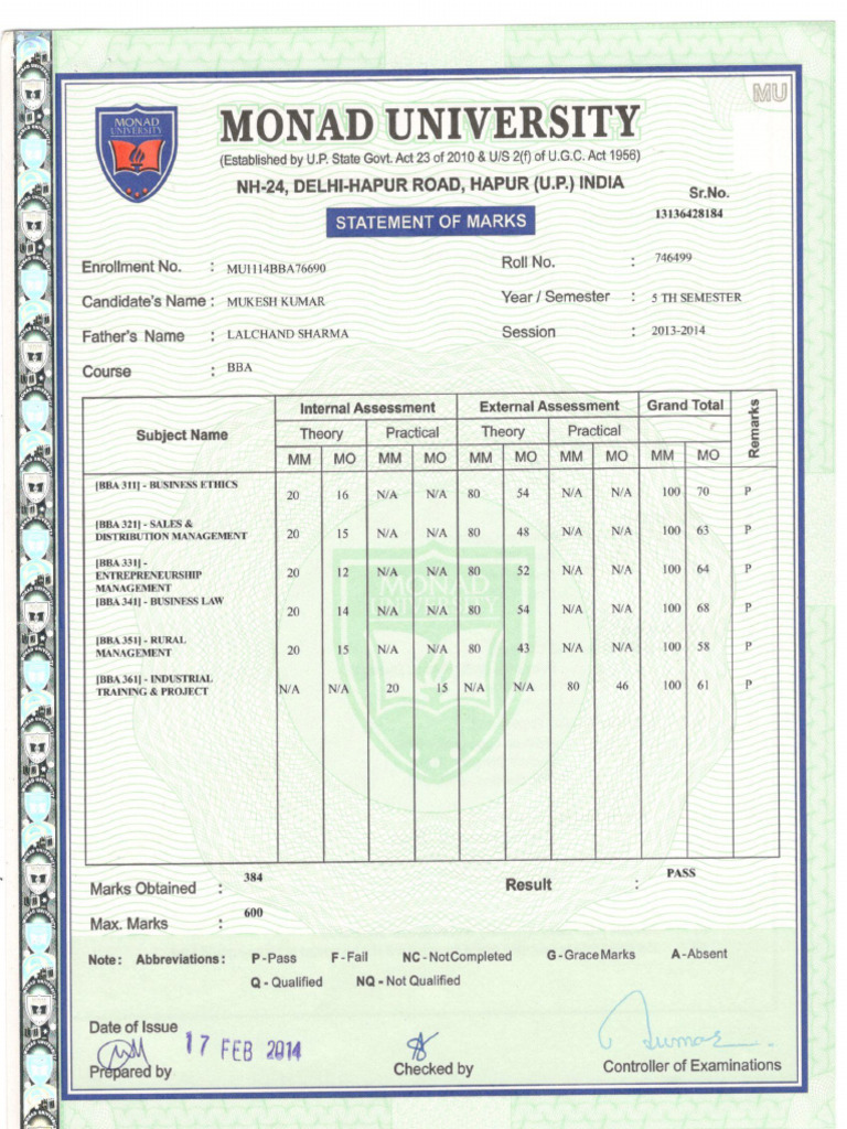 Sem.5 MarkSheet | PDF