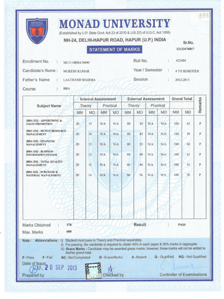 Sem.4 MarkSheet | PDF