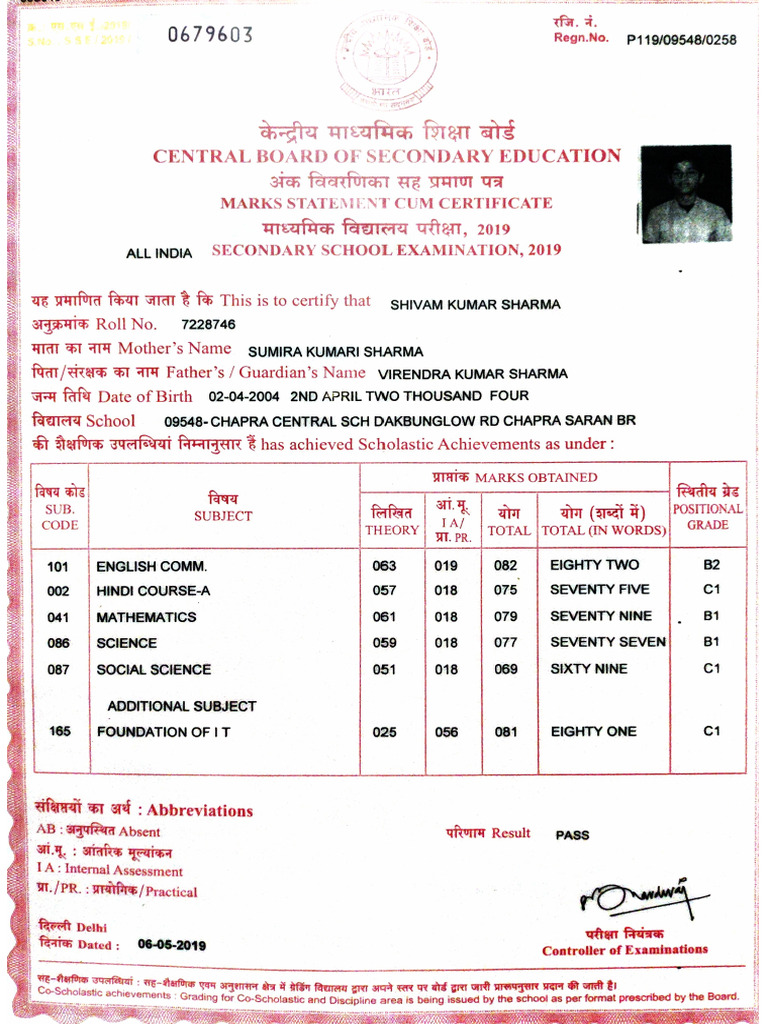 Class 10 Marksheet Max Size | PDF