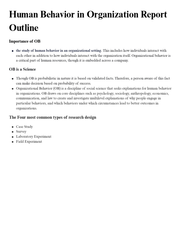 Human Behavior in Organization Report Outline | PDF