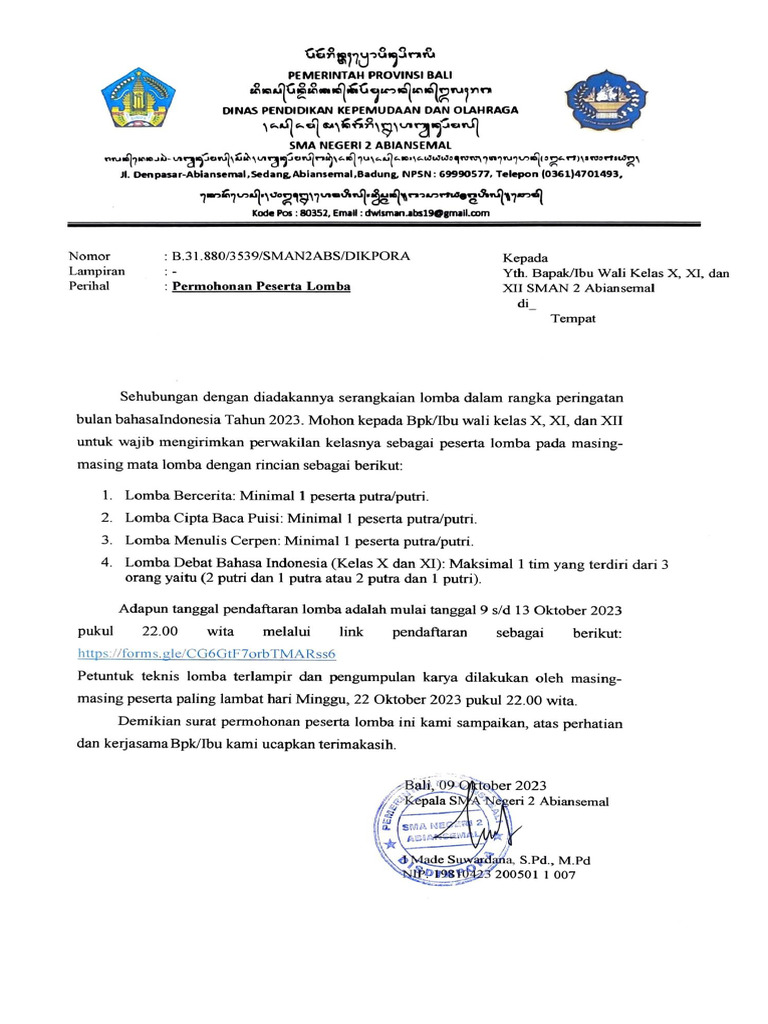 SURAT Dan JUKNIS LOMBA BULAN BAHASA INDONESIA 2023 | PDF