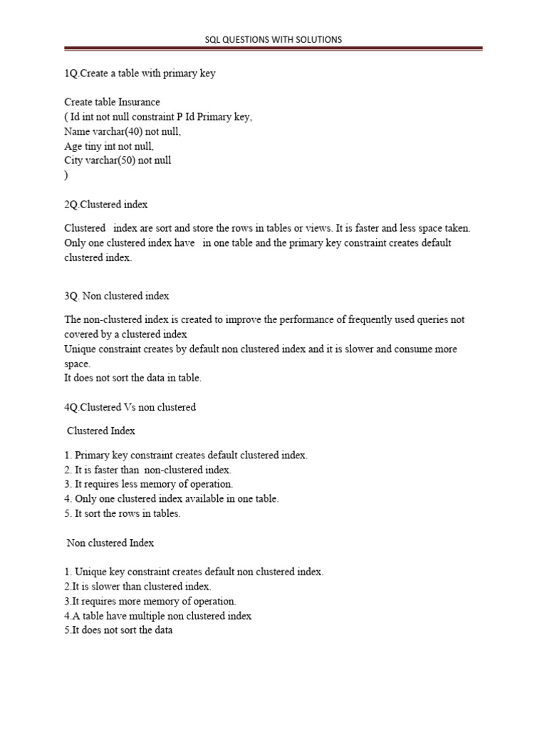 SQL Questions With Solutions | PDF | Database Index | Sql
