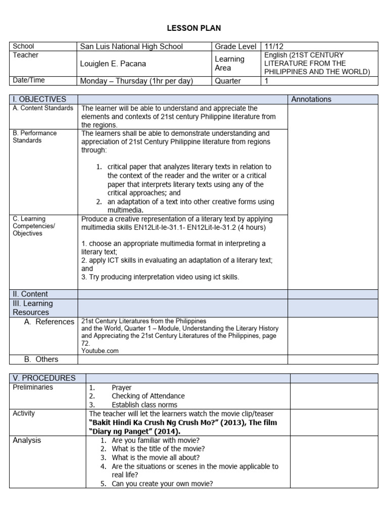Louiglen - Lesson Plan With Annotation | PDF