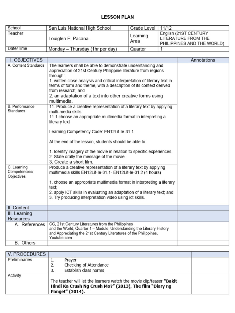 Louiglen - Lesson Plan With Annotation - q1 | PDF | Multimedia | Lesson Plan