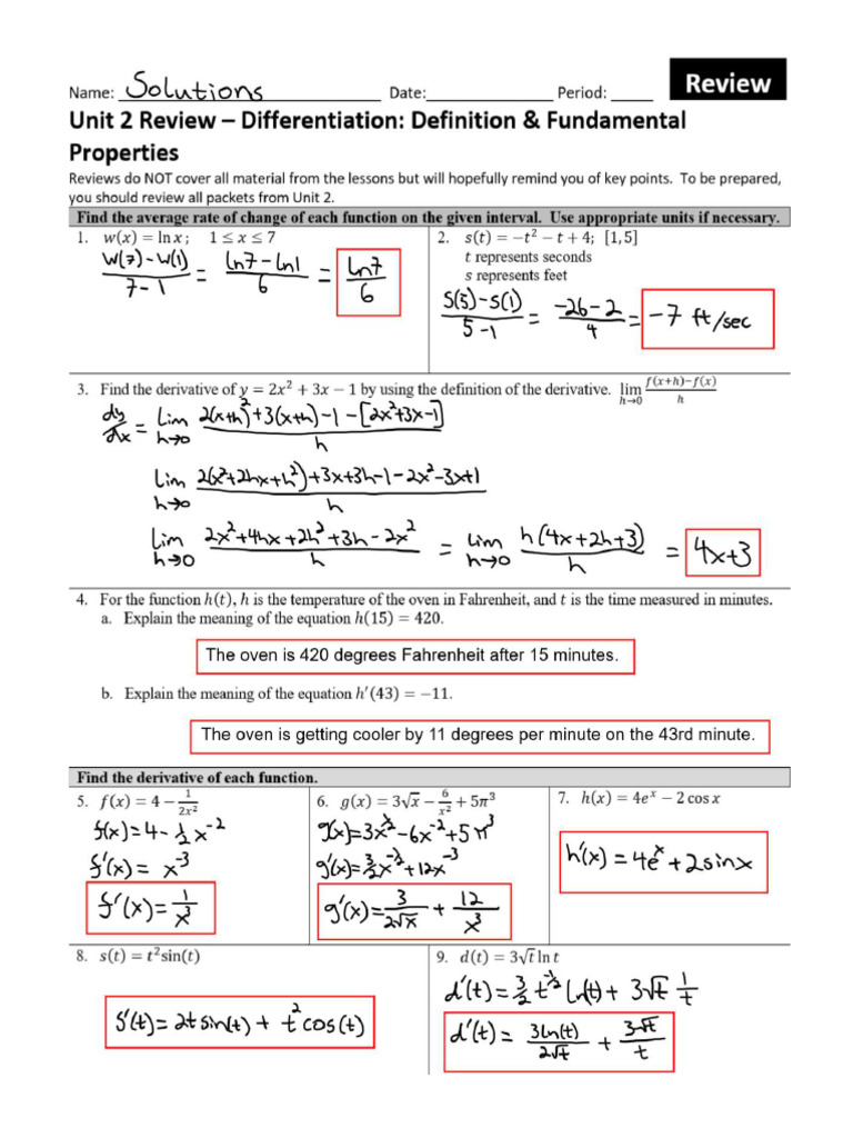 Calc Unit 2 Review Solutions | PDF