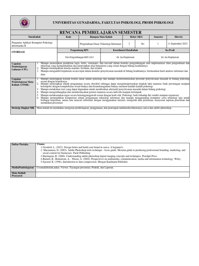 Rps Pengantar Aplikasi Komputer Psikologi Informatika B | PDF | Karier & Perkembangan