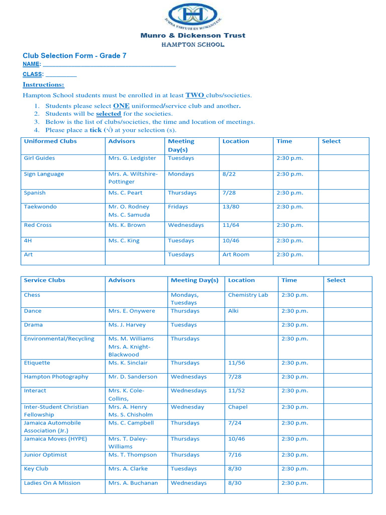 Grade 7 Club Selection Form | PDF