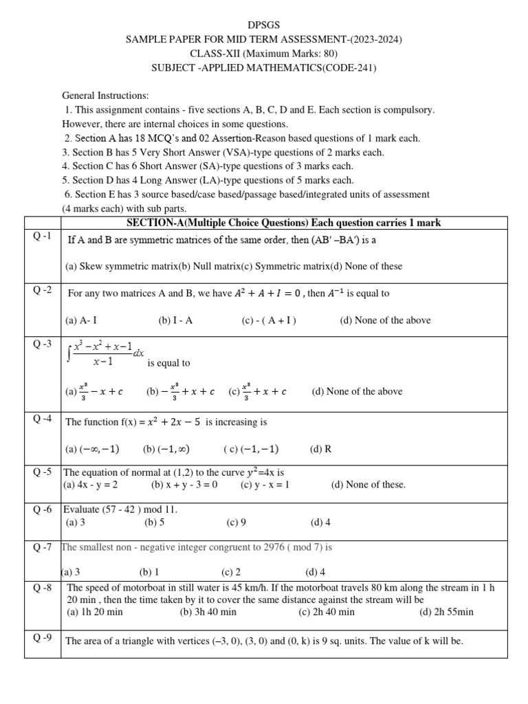 Sample Paper - MT - 12 Applied Maths - 2023-24 | PDF | Matrix (Mathematics) | Area