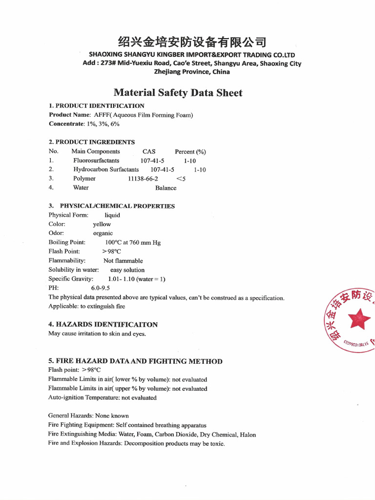 Msds-Afff 3% - Kingber | PDF