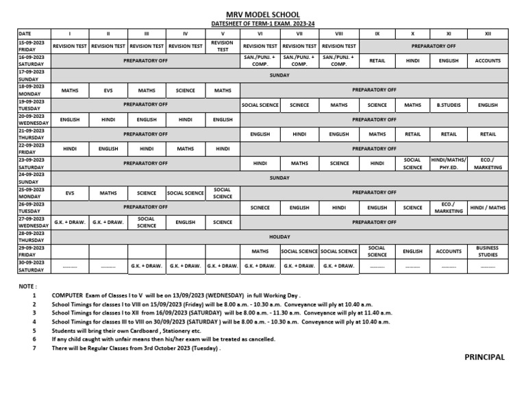 Date Sheet Term-1 2023-2024 | PDF