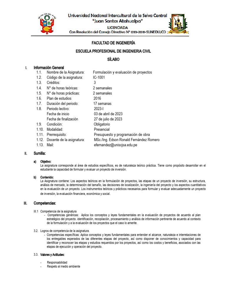 Ic-1001 Formulacion y Evaluacion de Proyectos de Ingenieria | PDF | Iniciativa empresarial ...