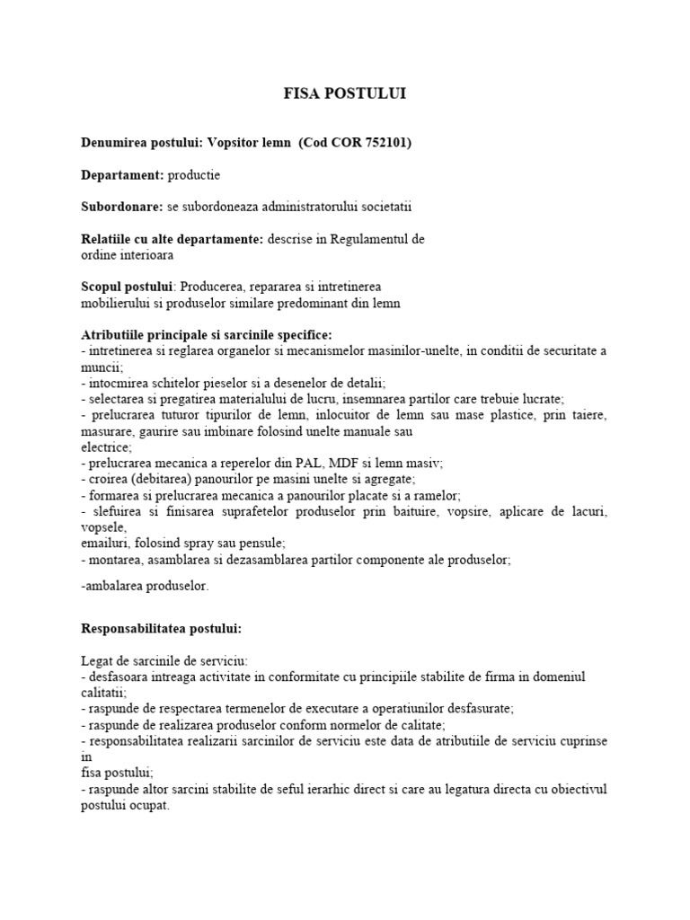 Fisa Postului Vopsitor Lemn (Cod Cor 752101) | PDF