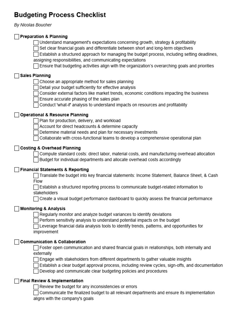 Budgeting Checklist by Nicolas Boucher | PDF | Budget | Financial Statement