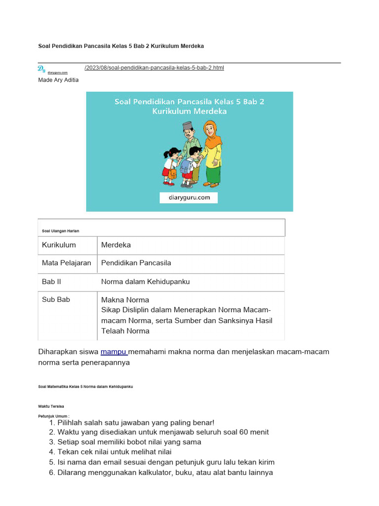Soal Pendidikan Pancasila Kelas 5 Bab 2 Kurikulum Merdeka | PDF