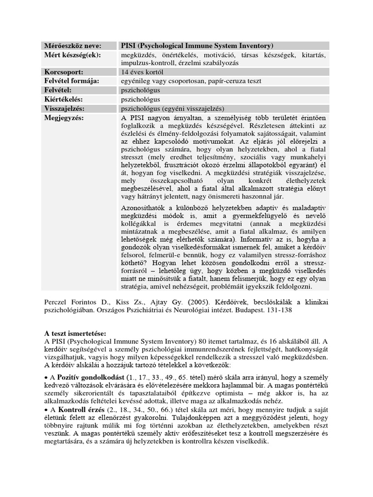 Pszichologiai Immunrendszer Ertekelo | PDF