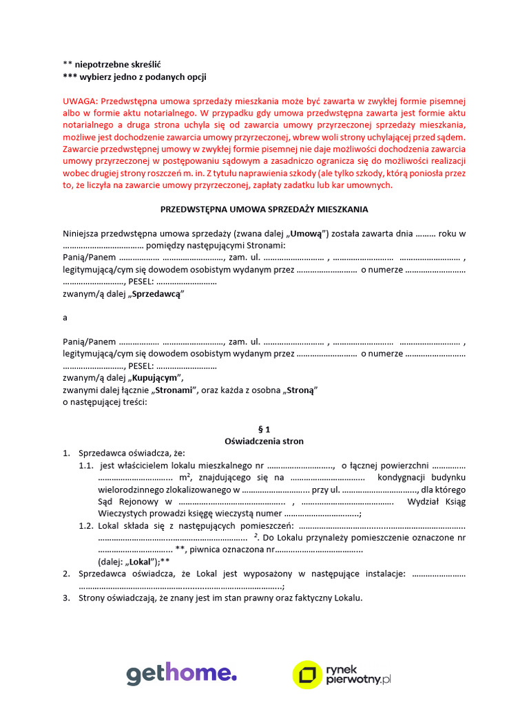 Przedwstepna Umowa Sprzedazy Mieszkania PDF | PDF
