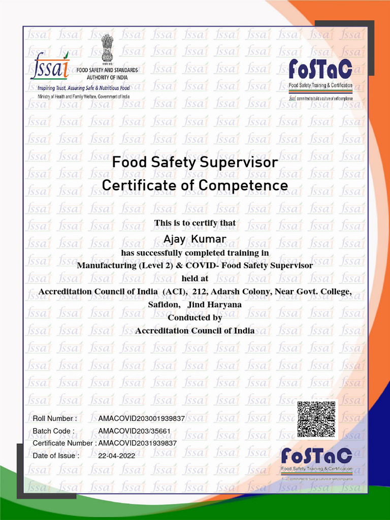 FOSTAC Food Safety Supervisor Certificate | PDF