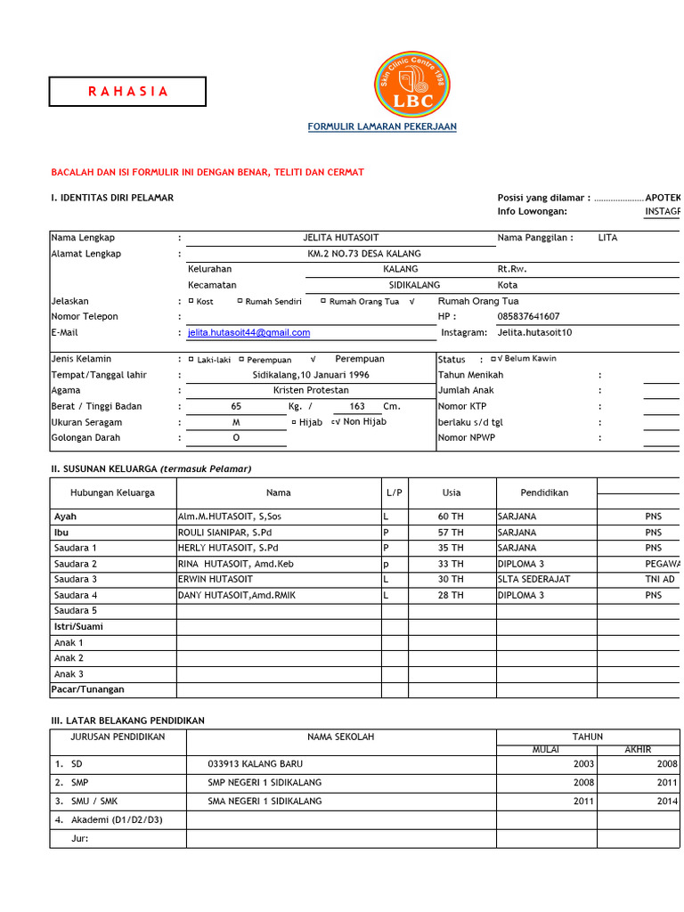 Form Identitas Calon Karyawan Lbc -Revisi Jelita Hutasoit | PDF