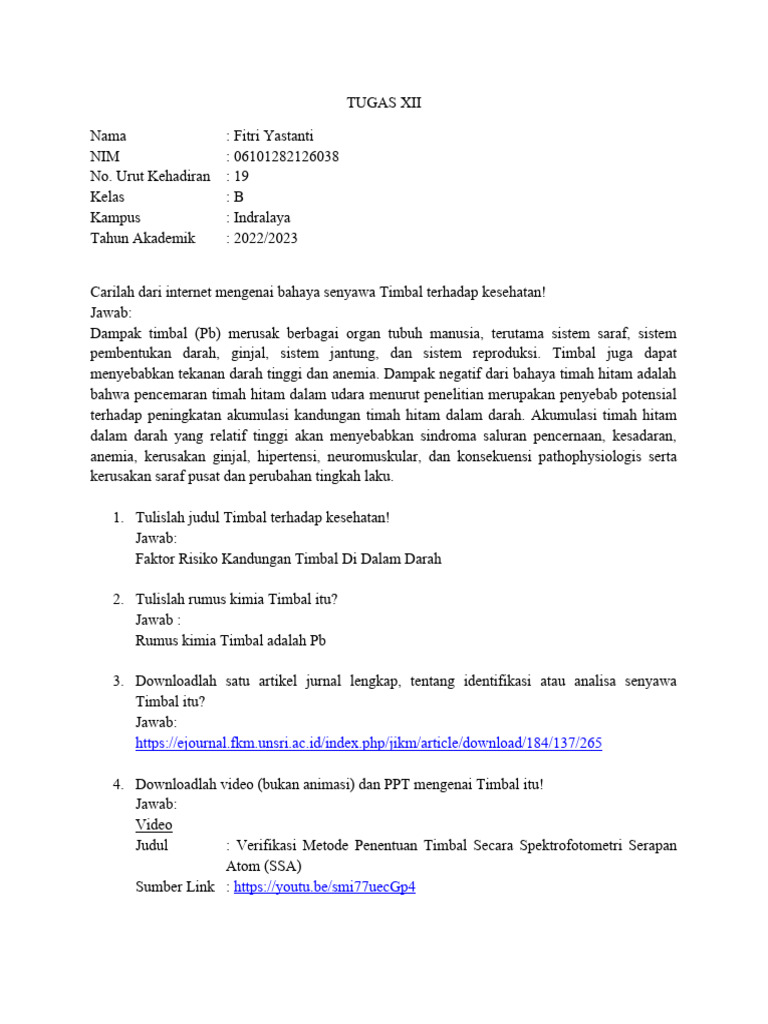 TUGAS XII Analisa Timbal DDKA Diketik - Elda Syaivira - 06101282126029 - A Indralaya | PDF