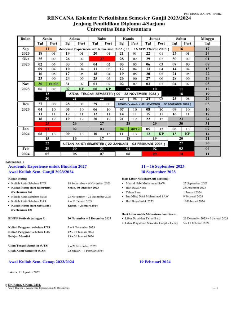 RENCANA Kalender Semester Ganjil 2023 2024 BINUS Bandung | PDF