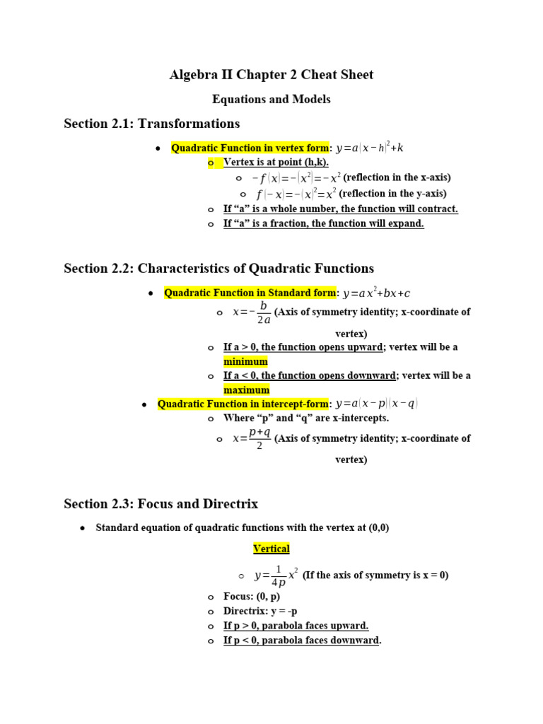 Algebra Chapter 2 Cheat Sheet Bccs | PDF