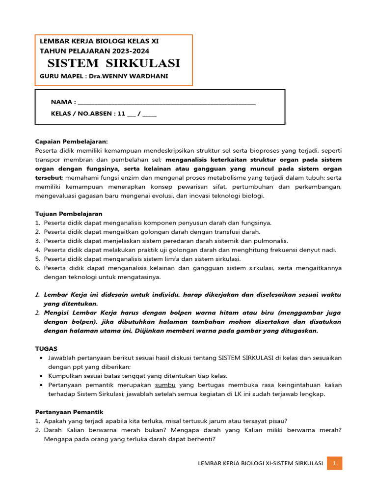 LK BIOLOGI XI-SISTEM Sirkulasi | PDF