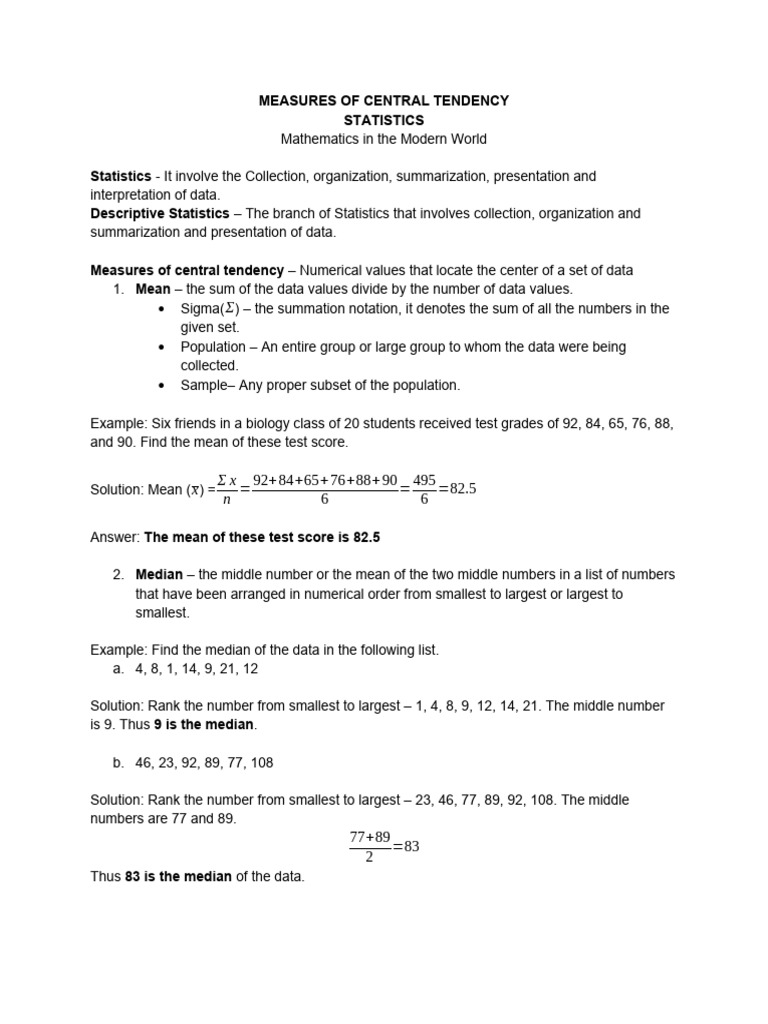 Measures of Central Tendency | PDF | Mean | Summation